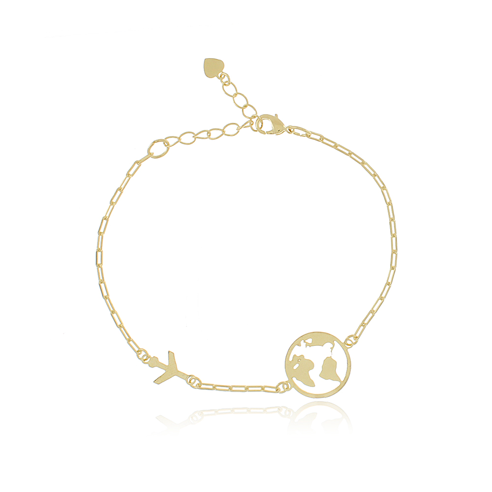Pulseira Mundo e Avião - Banhado a Ouro - Mel Franzini Semi Joias